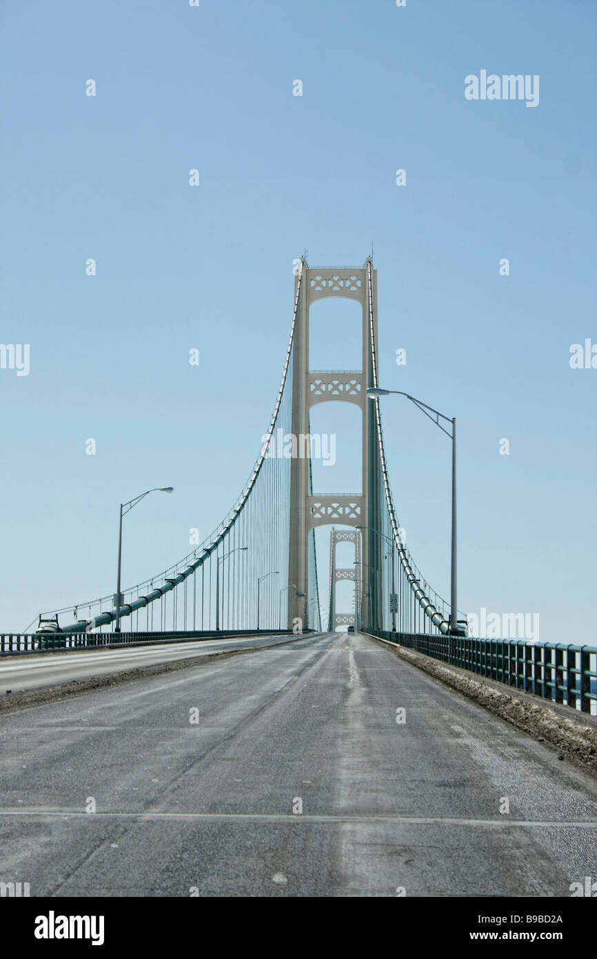 The American modern bridge Mackinac Great Lakes with a road low angle ...