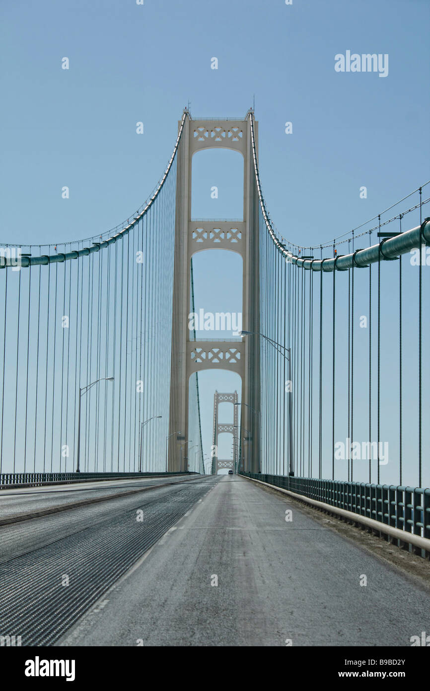 The American modern bridge Mackinac Great Lakes with a road low angle ...
