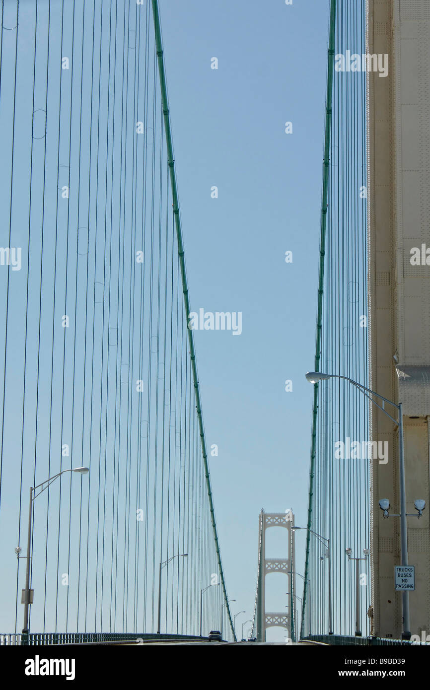 The American modern bridge Mackinac in Michigan from below low on angle blue sky very photos ...