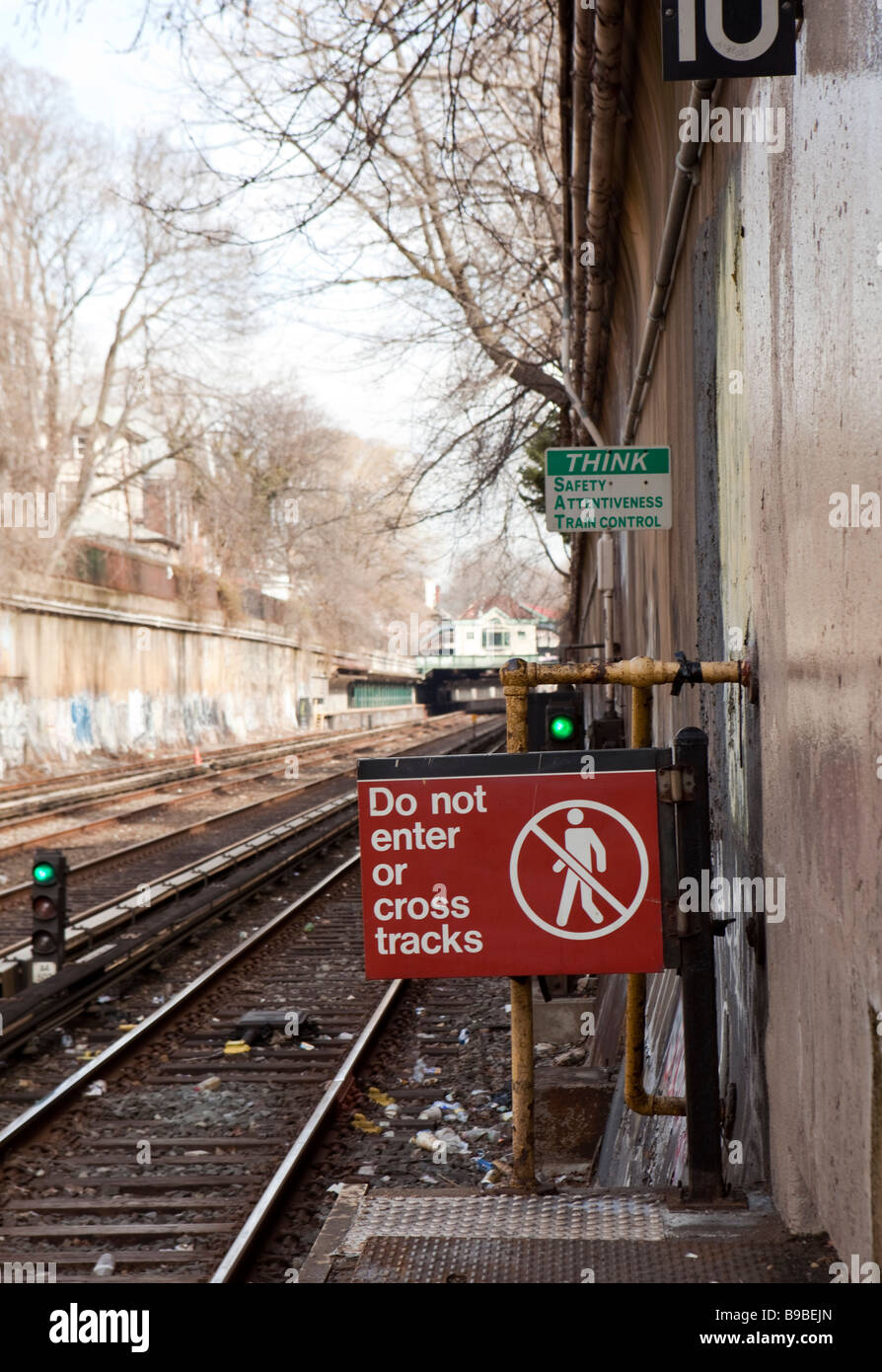 A warning sign is seen on a rail track in Brooklyn, New York Stock ...