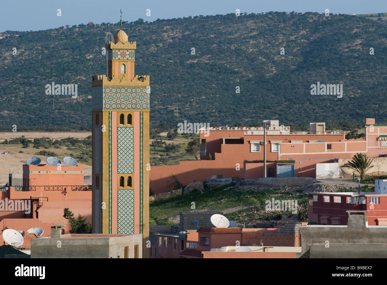 The minaret, or tower, of a mosque in Tamraght stands above the village ...