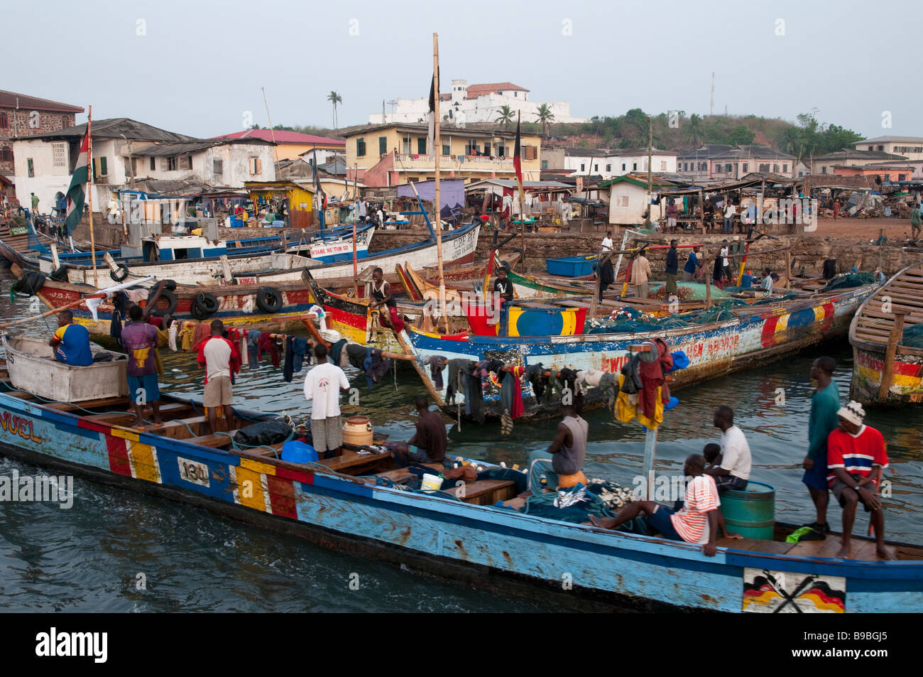 West Africa Ghana Coast Elmina fishing dugouts loaded with fishing nets ...
