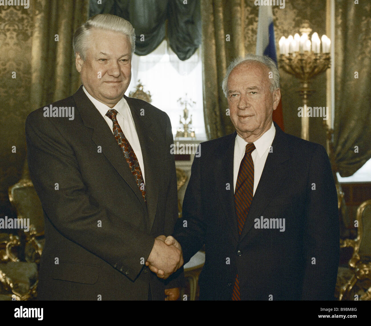 Russian President Boris Yeltsin left greets Israeli Prime Minister ...