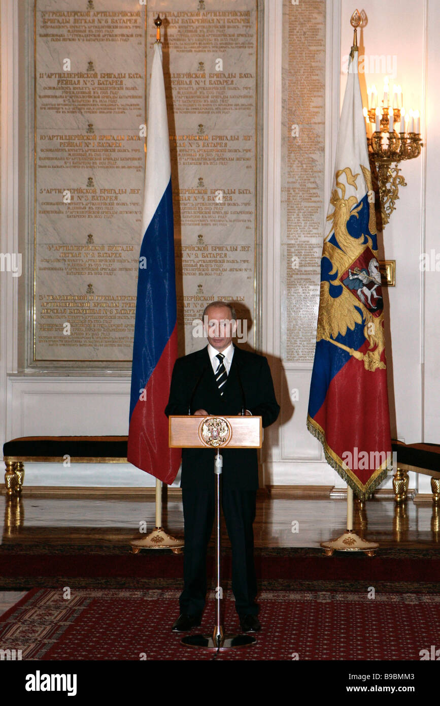 Russian President Vladimir Putin addressing senior military officers ...