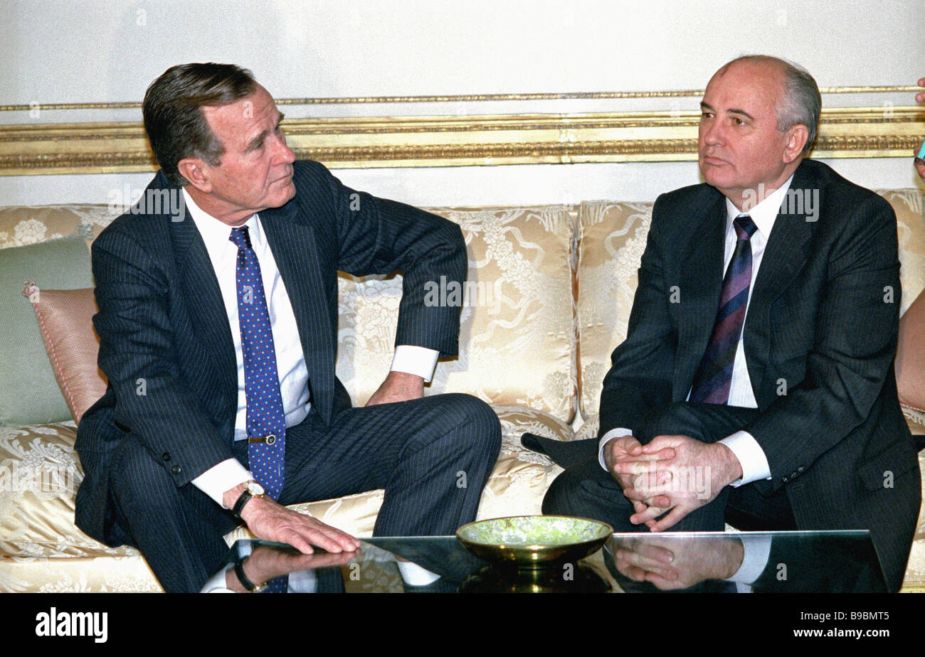 USSR President Mikhail Gorbachev meets US President George Bush Sr ...
