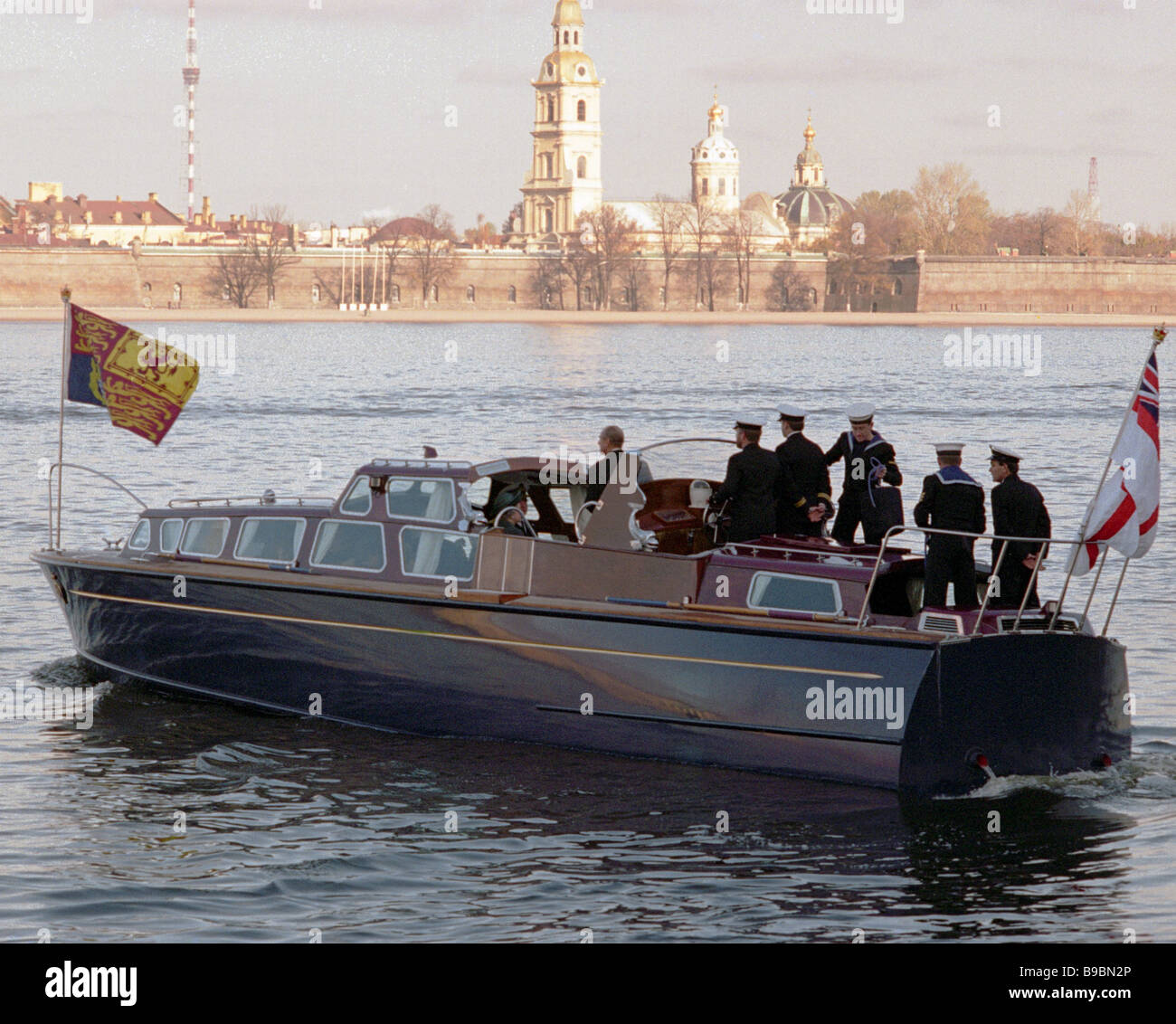 Motor boat with Elizabeth II Queen of the United Kingdom of Great ...