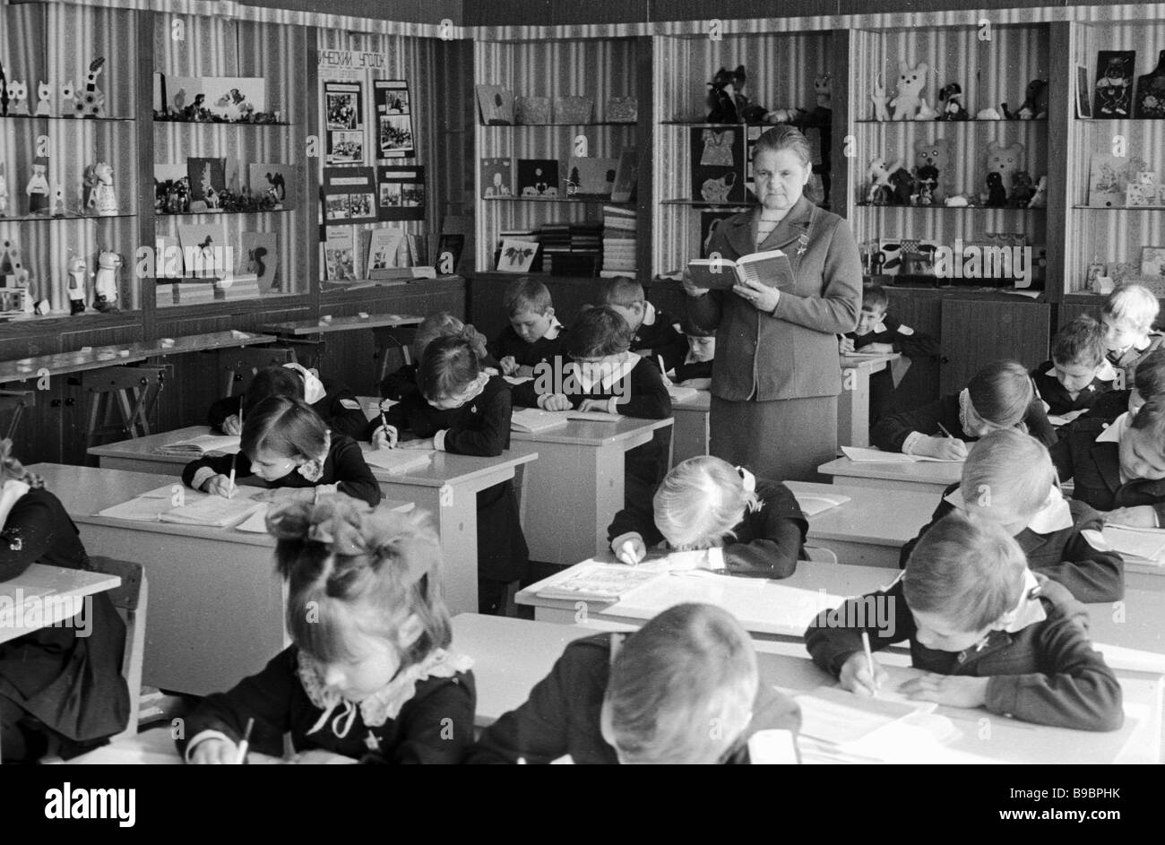 Teacher Nina Gostkina of Lukhovskaya secondary school conducts Russian ...