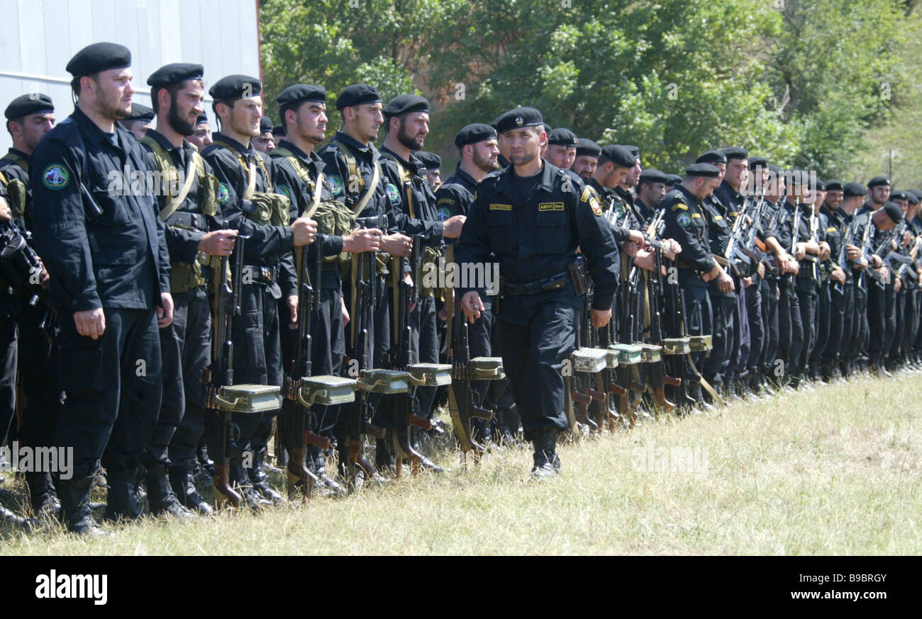 Chechen OMON Black Berets riot policemen at a Chechnya reconciliation ...