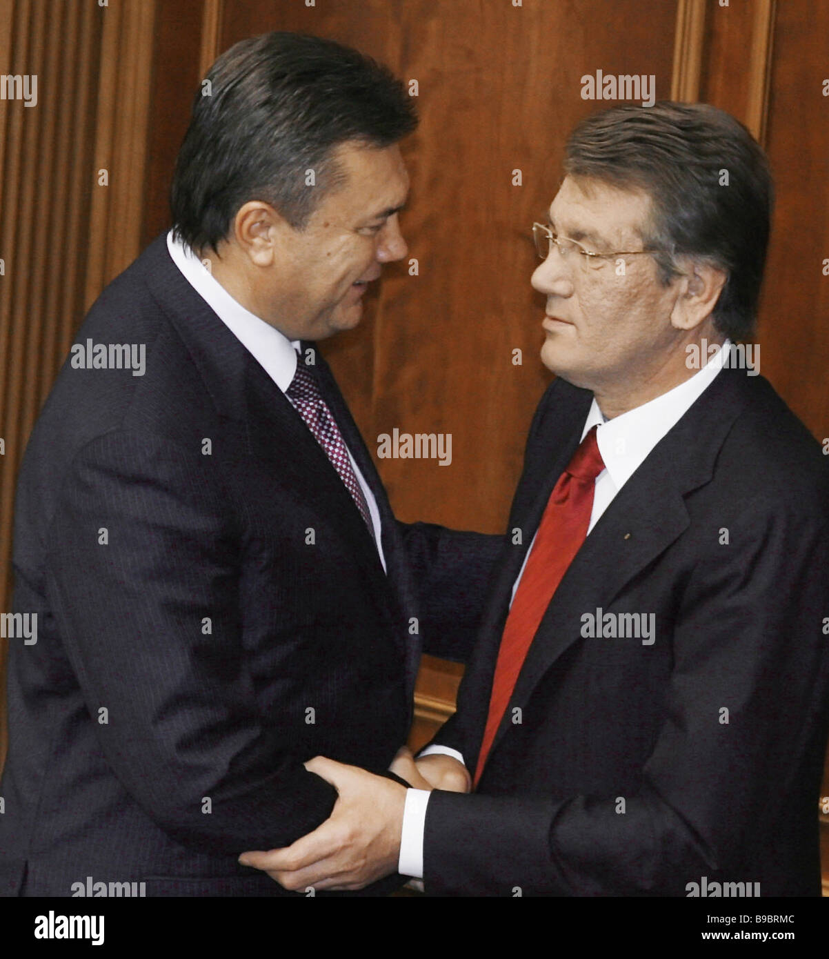Viktor Yushchenko President of Ukraine right congratulates Viktor ...