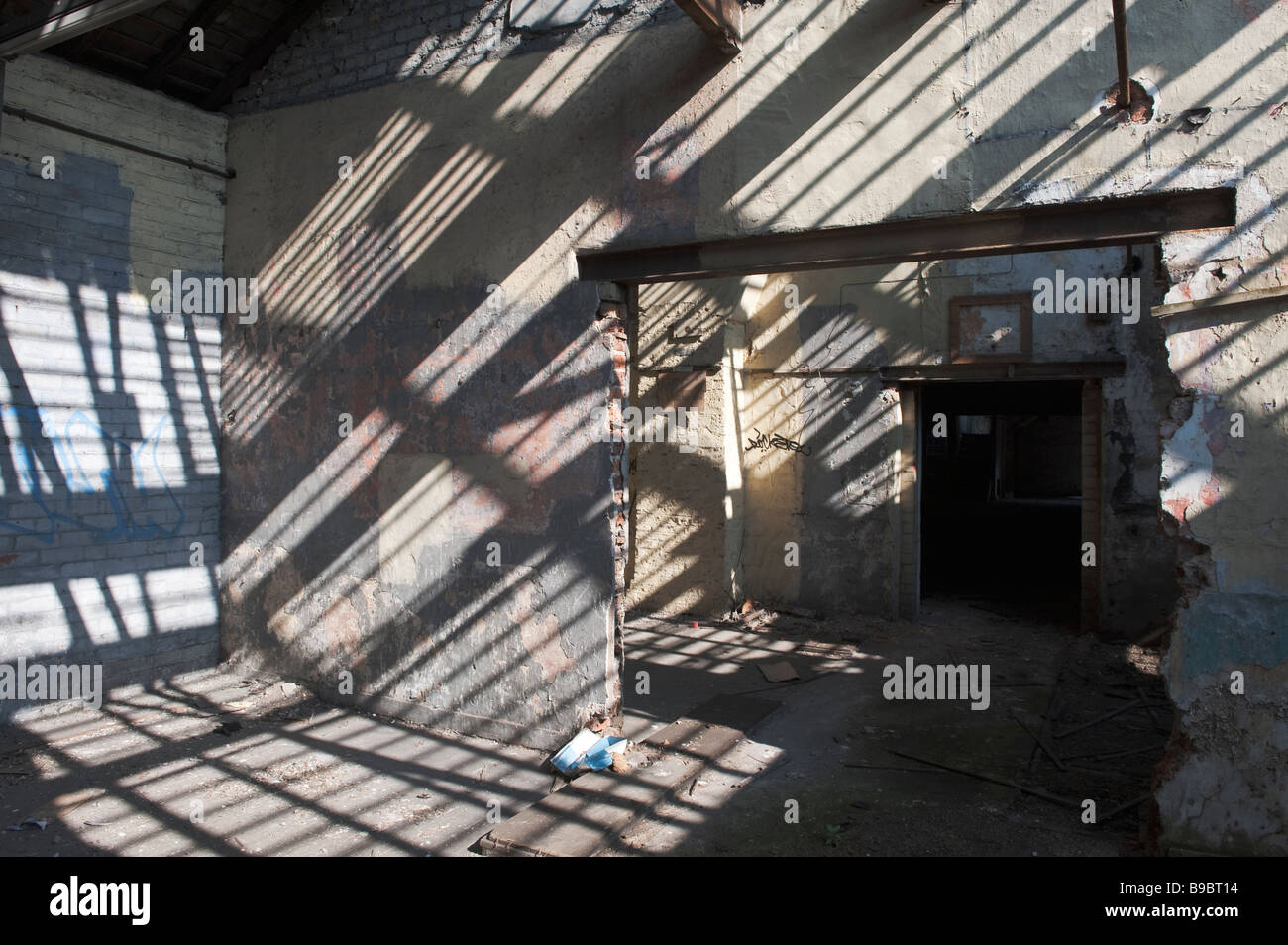 Inside an old building with slates removed ready for demolition Stock ...