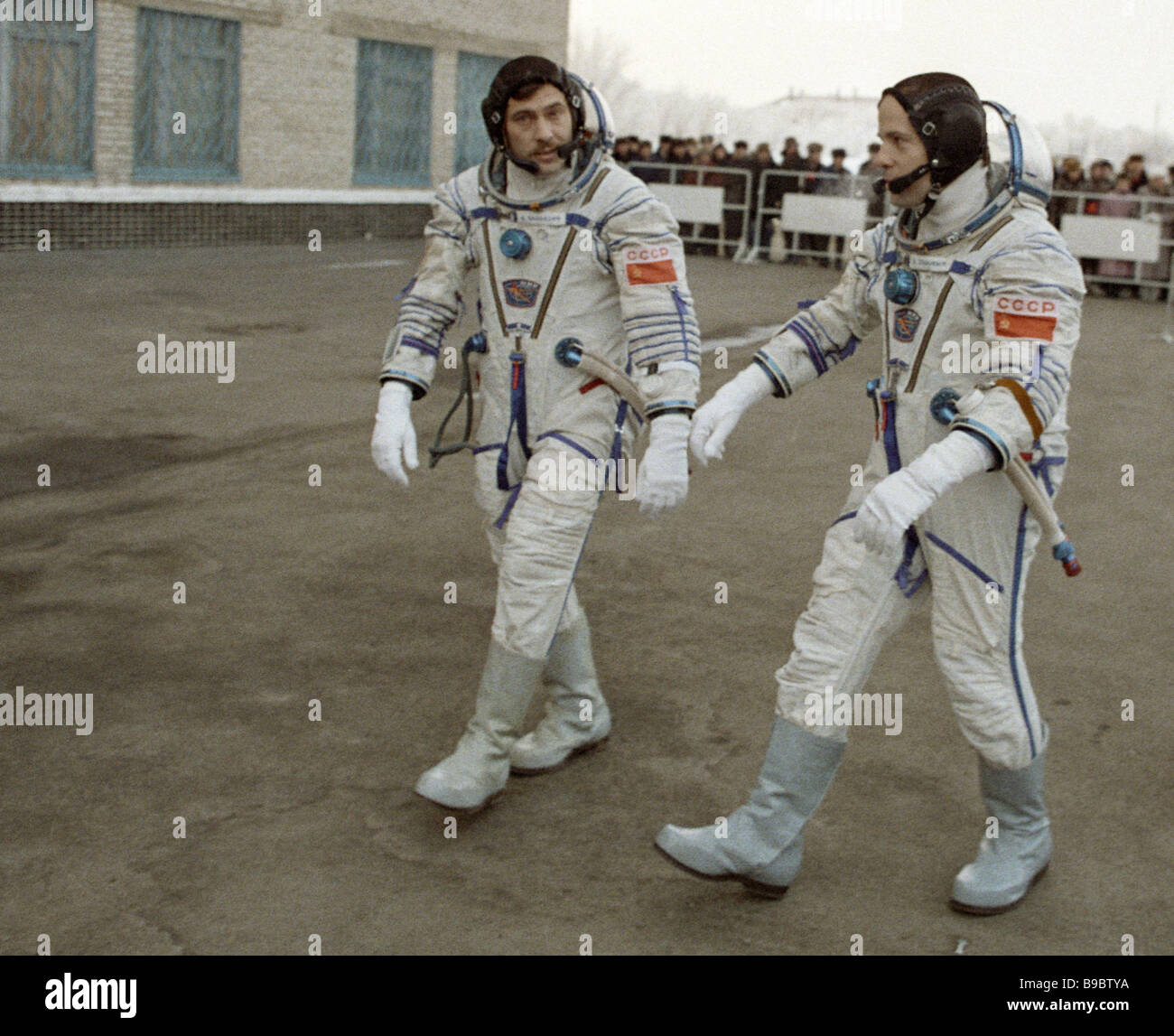 Flight Engineer Alexander Balandin left and Pilot Cosmonaut Anatoly ...