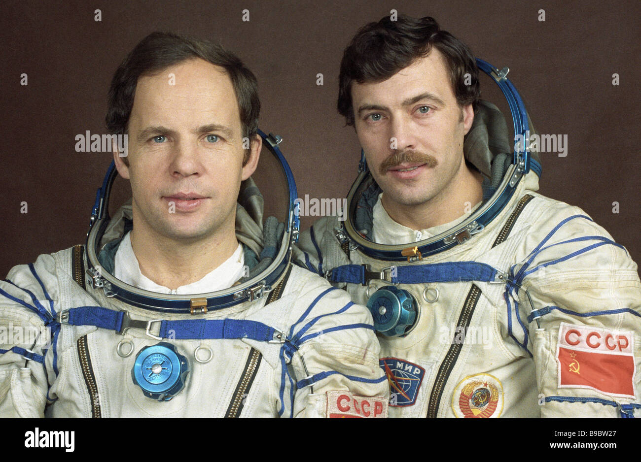 Anatoly Solovyov commander of the Soyuz TM 9 space crew left and flight ...