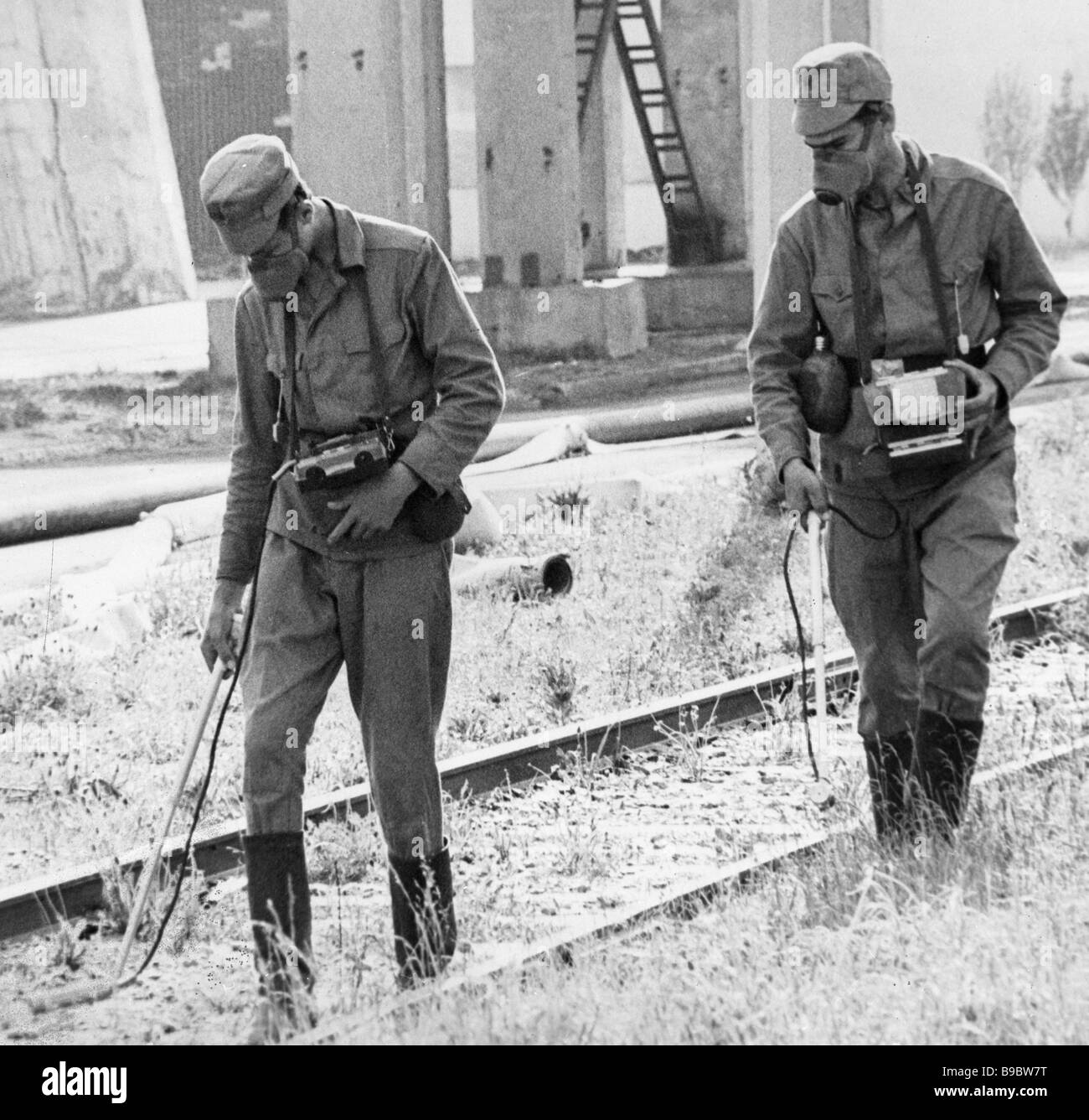 Radiation supervisors on the premises of the wrecked Chernobyl nuclear ...