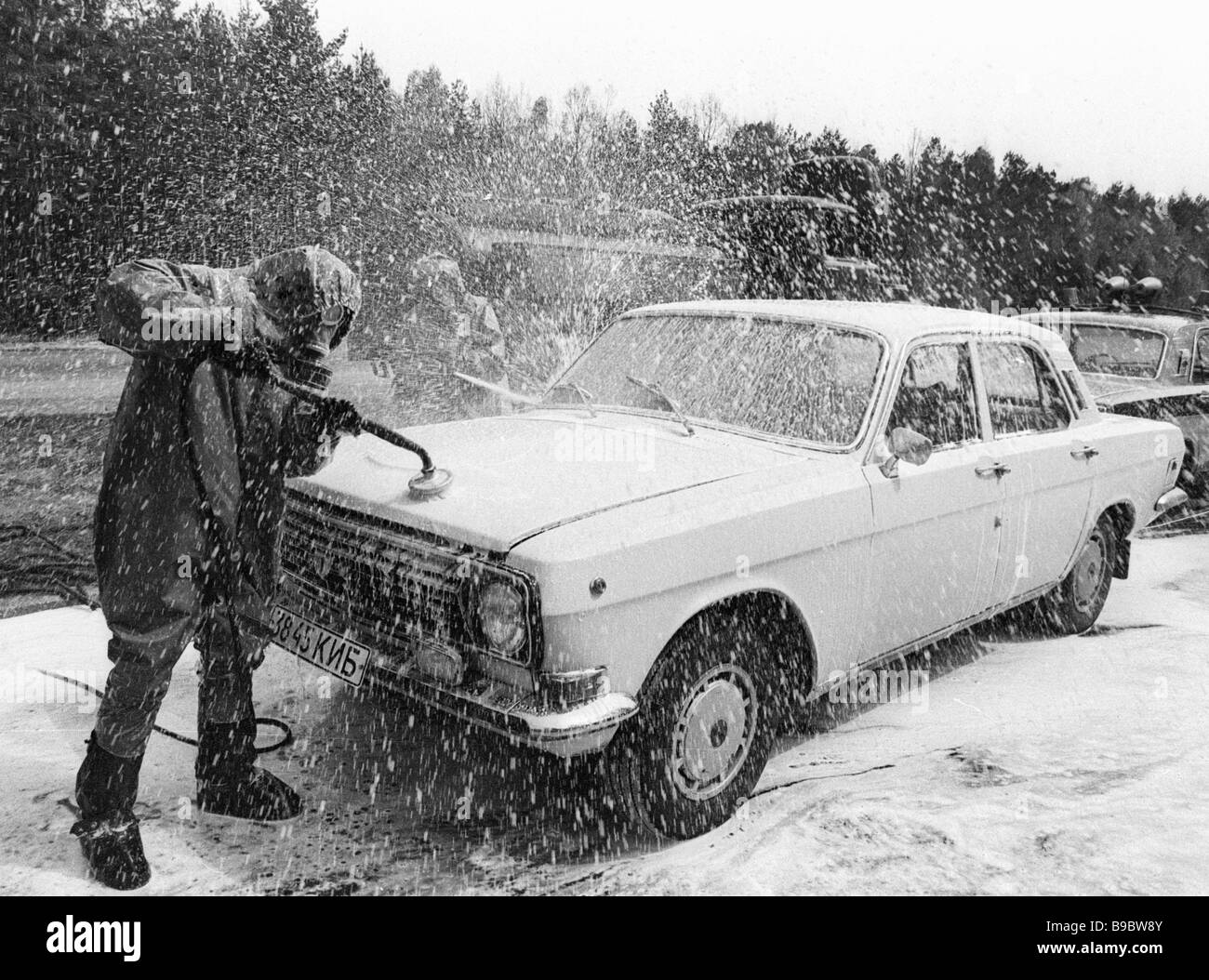 A car leaving the Chernobyl disaster area at the special point of ...