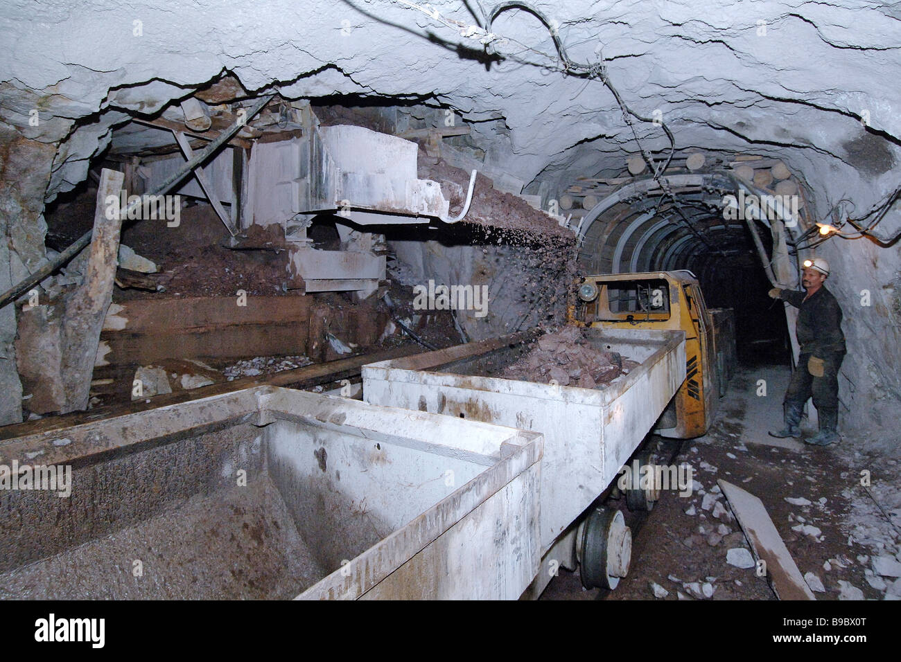 Loading uranium soil on tubs at the Gluboky mine Priargunsky Industrial ...