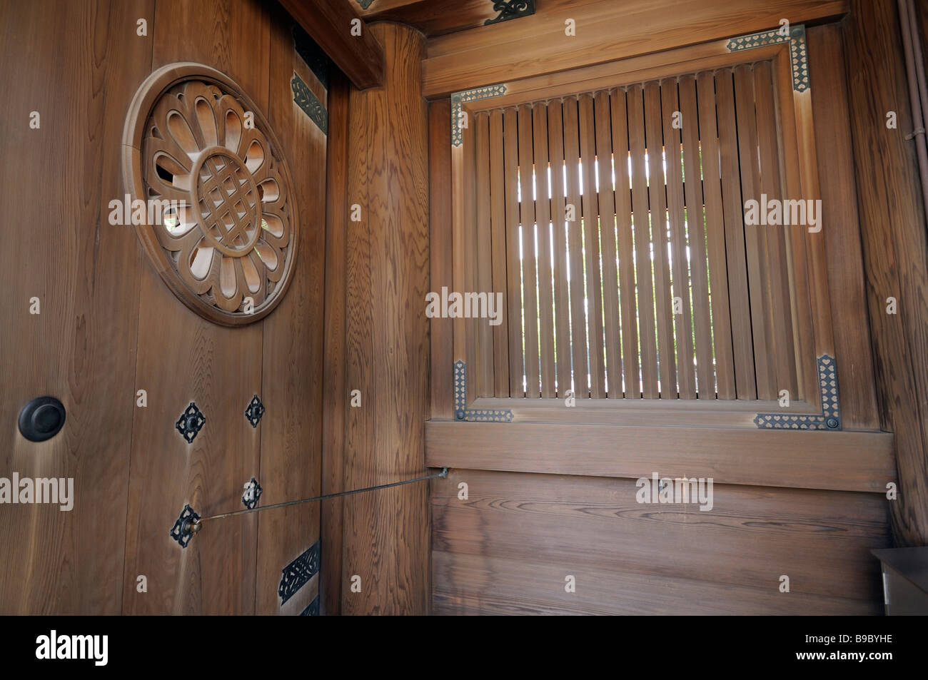 Detail of wooden door. Meiji Shrine complex. Yoyogi Park. Shibuya ...