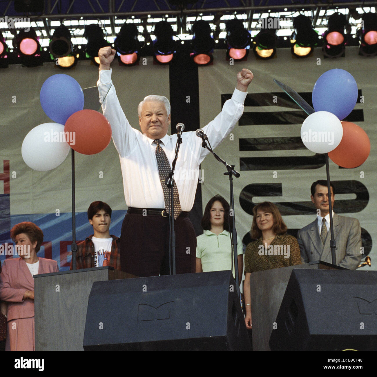 Russian President Boris Yeltsin delivering a speech at the concert and ...