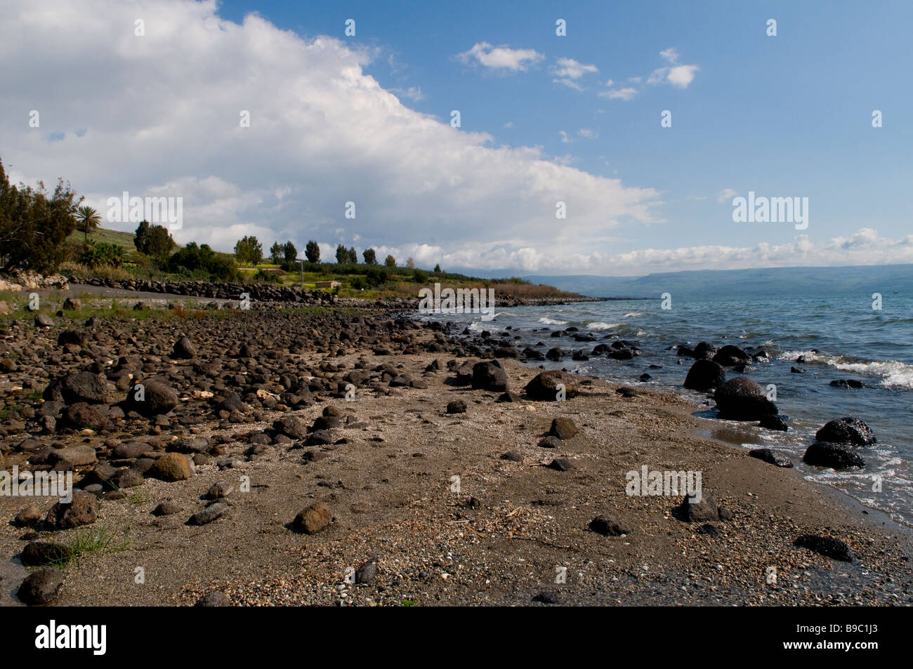 Tabgha coast at the western shore of Sea of Galilee, also Kinneret, or ...