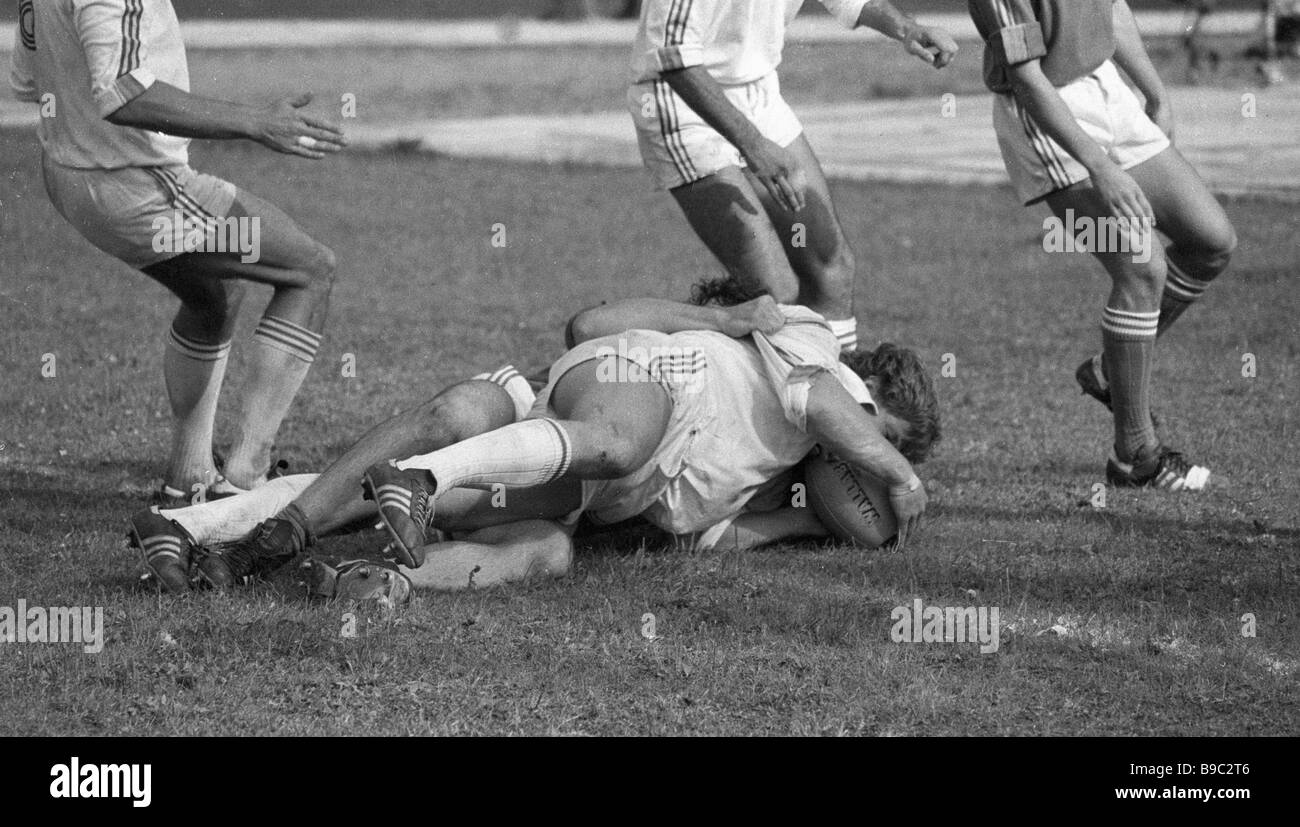 Soviet national Rugby football team player Mikhail Parshin foreground ...