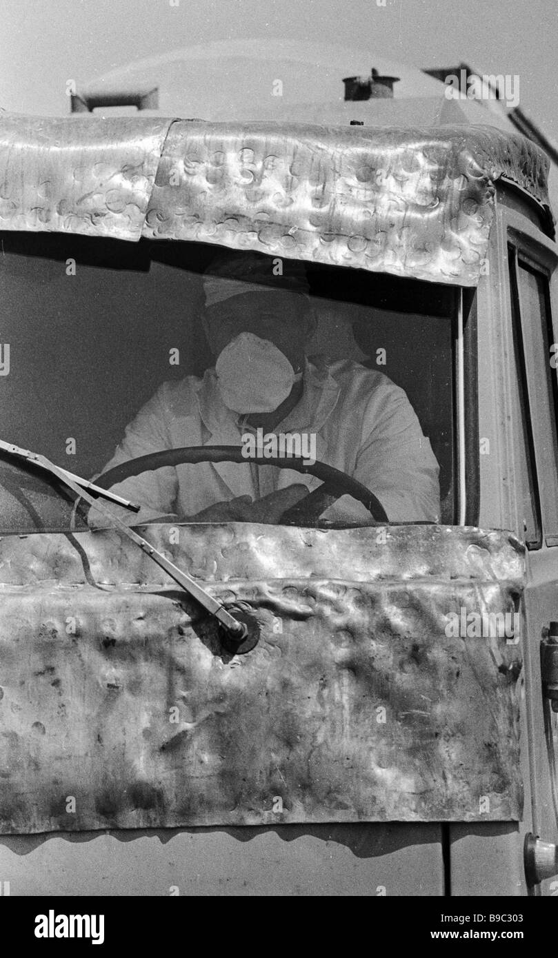 A truck in thick lead shields worked at the Chernobyl NPP disaster site ...