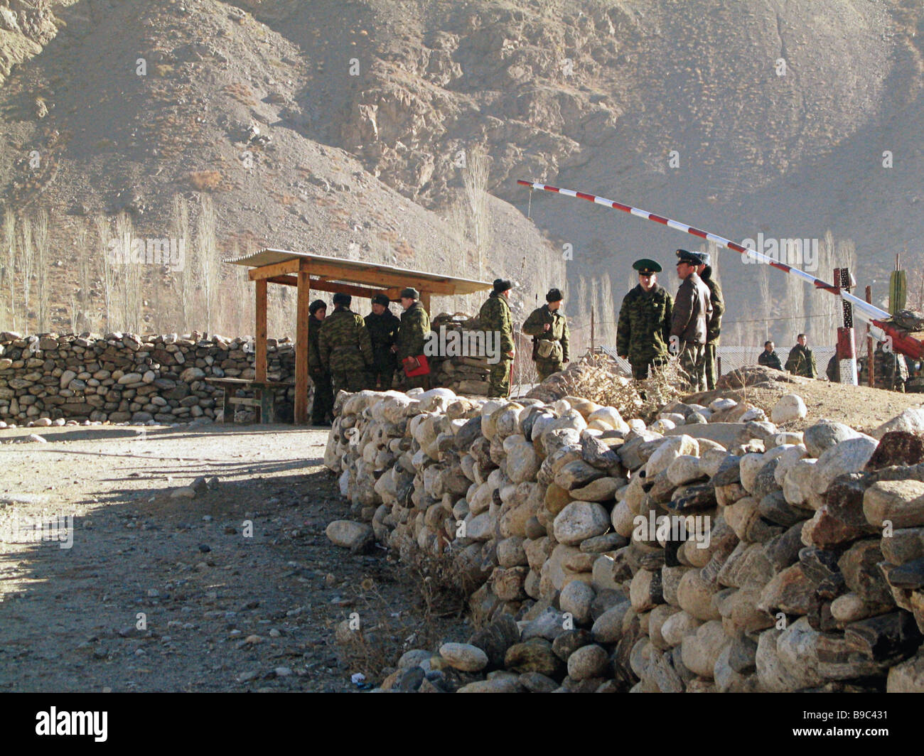 A checkpoint near the landing strip of the Khorog border guard unit in ...