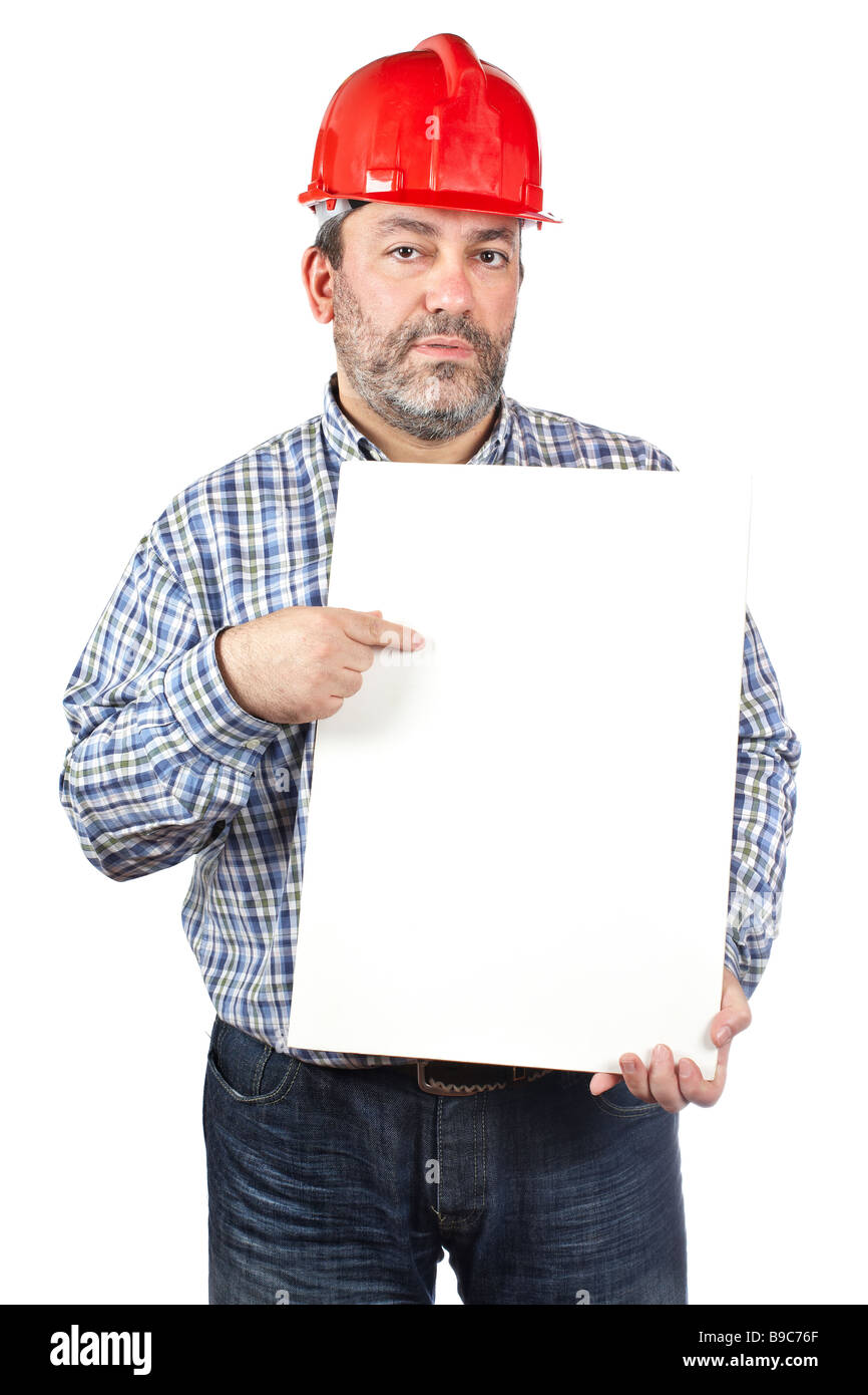 Construction worker showing a placard isolated on a white background ...