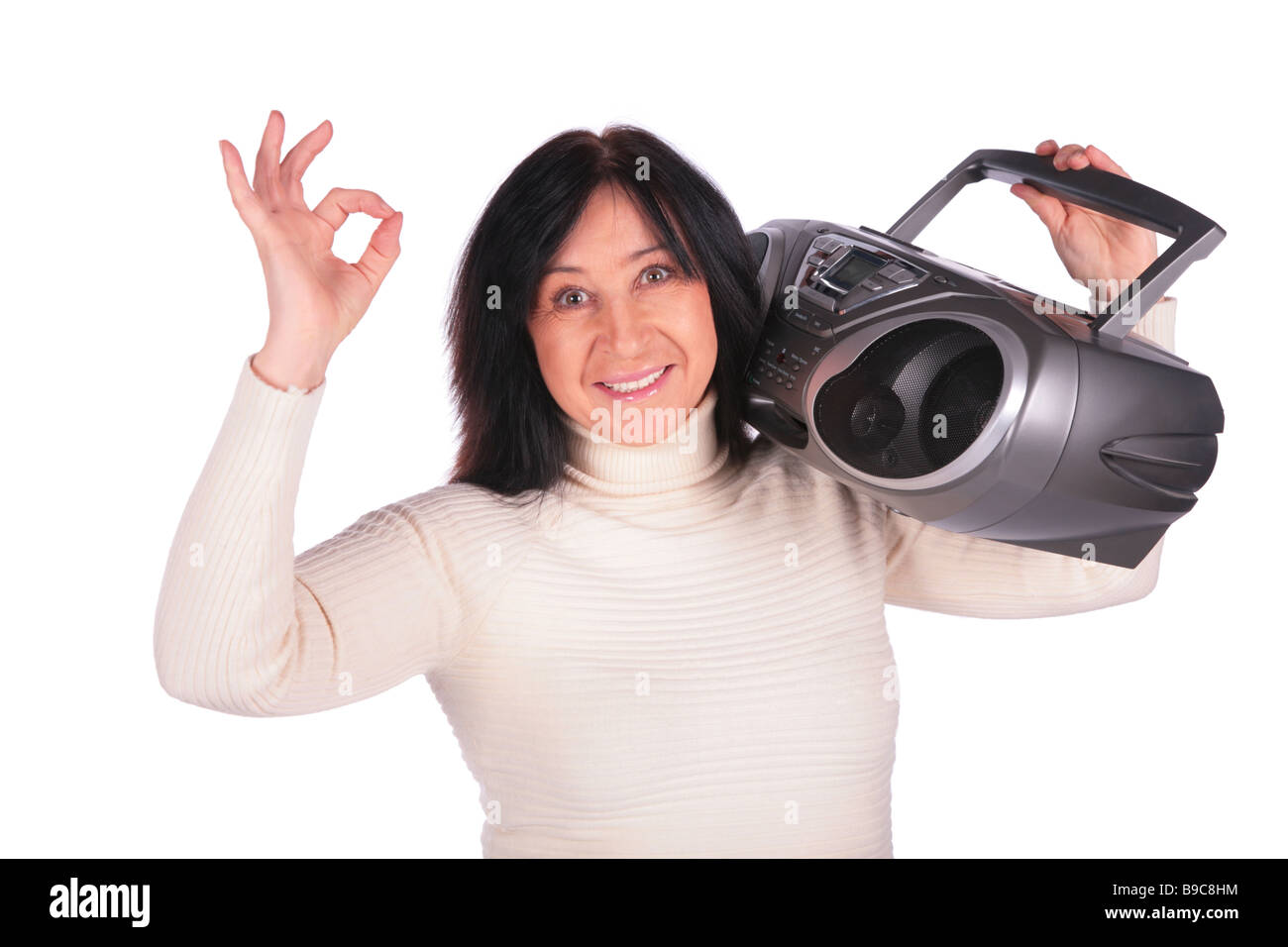 Woman with radio gives gesture OK Stock Photo - Alamy