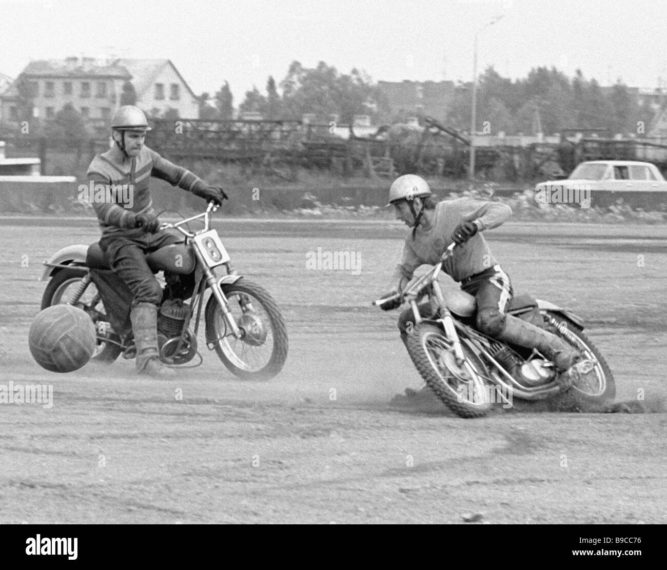 A dramatic instance in a motorcycle polo game Stock Photo - Alamy