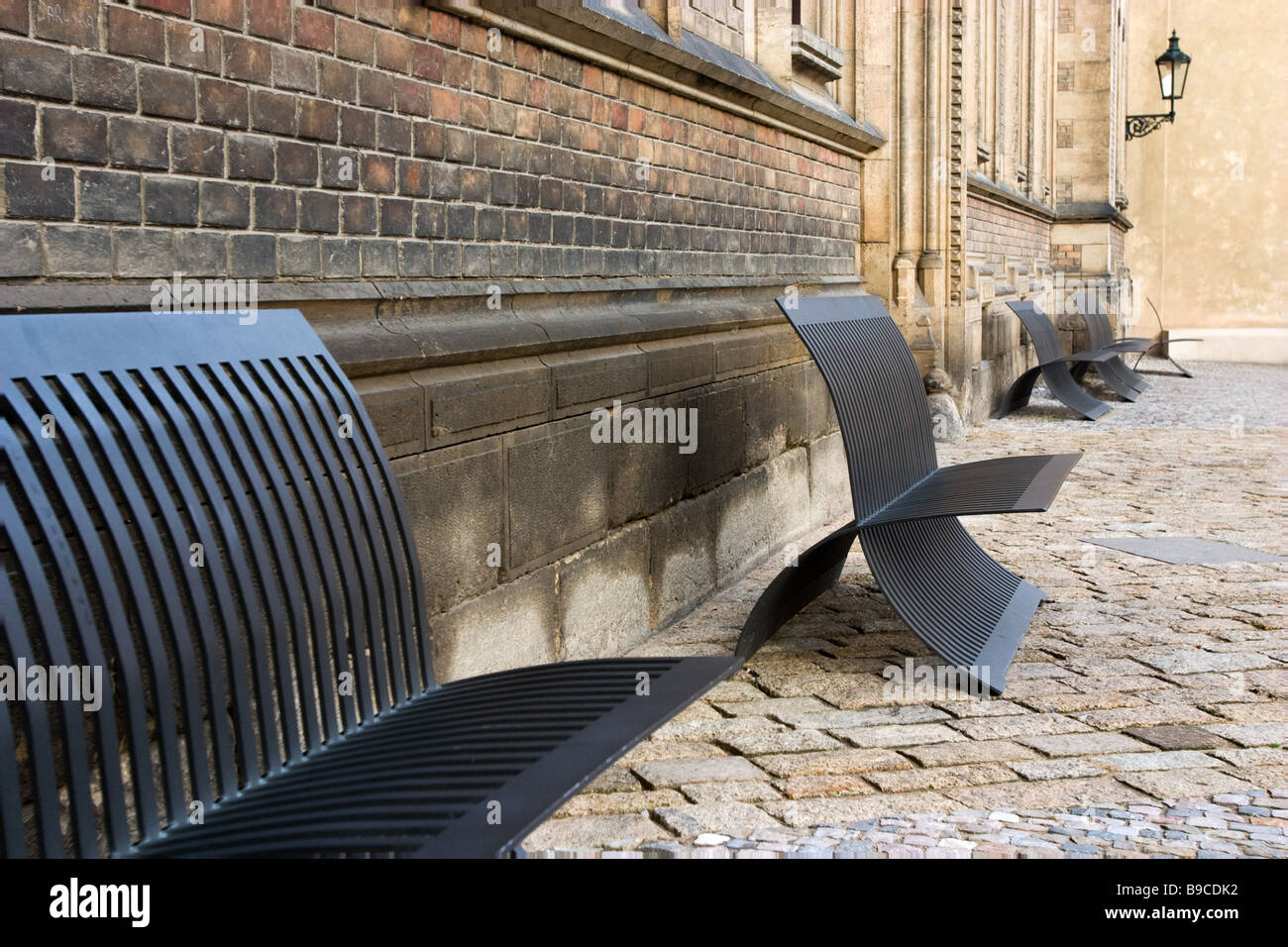 Modern benches on St.George square of Prague Castle, Czech republic ...