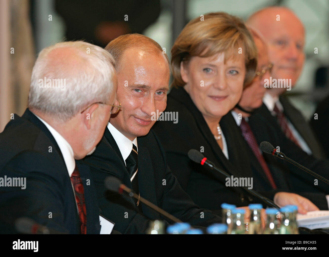 Vladimir Putin President of Russia 2nd left and Angela Merkel Federal ...