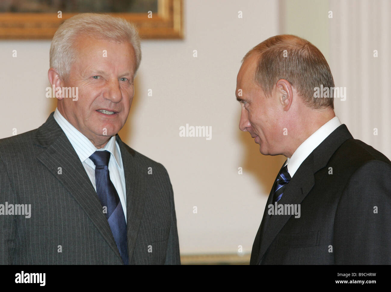 Russian President Vladimir Putin right during a Kremlin conference with ...