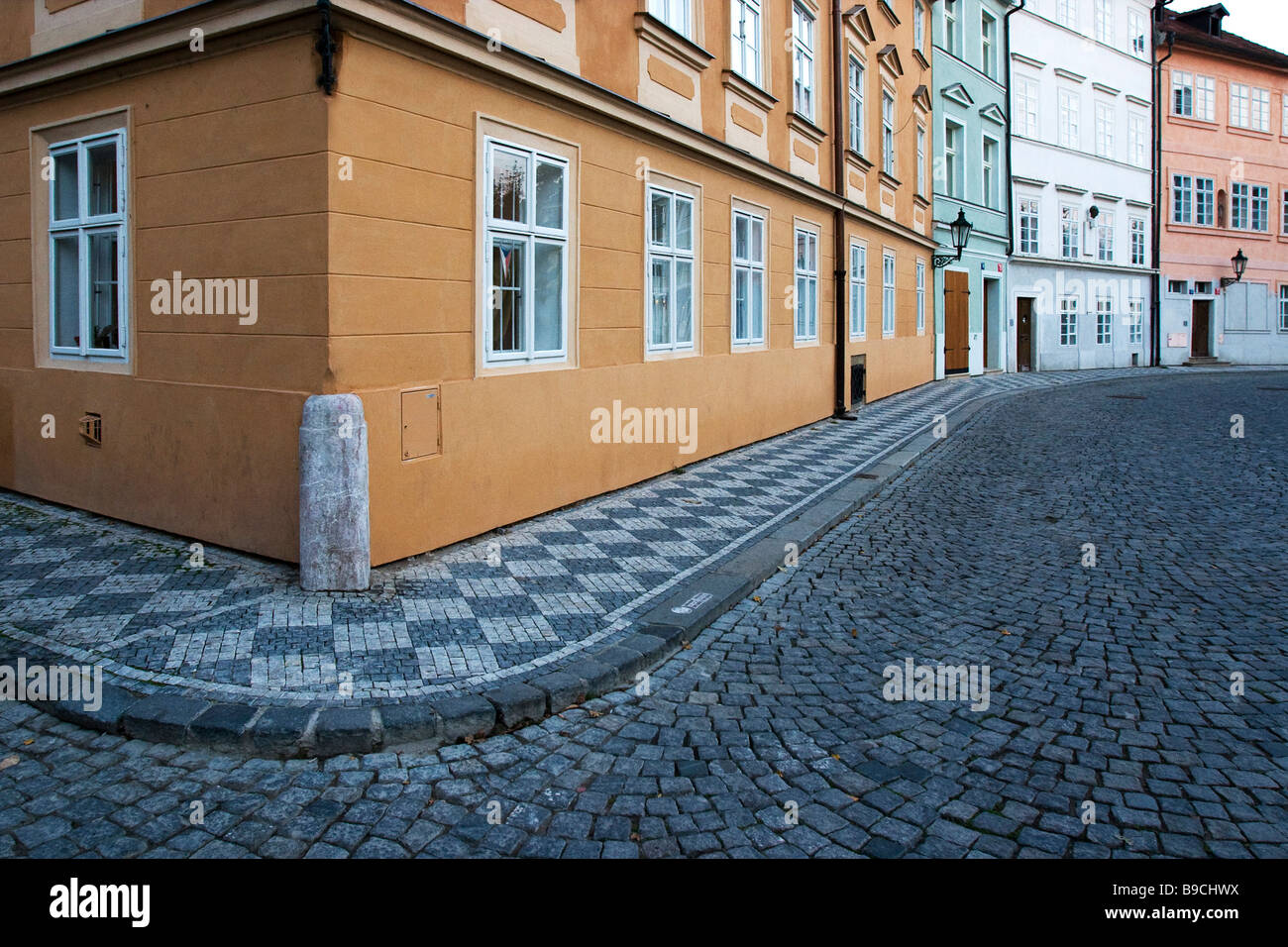 Corner of medieval house near Charles bridge in Prague, Czech republic ...