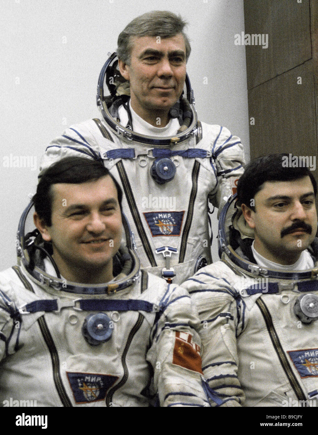 The Soyuz TM 4 spacecraft crew Left to right captain Vladimir Titov ...