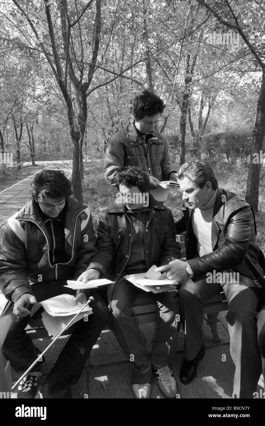 Members of the Soyuz T 11 crew flight engineer Vladimir Solovyov left ...