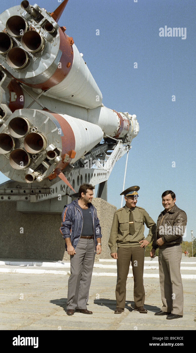 Engineer Alexander Laveikin left and captain Yury Romanenko twice Hero of the Soviet Union right ...