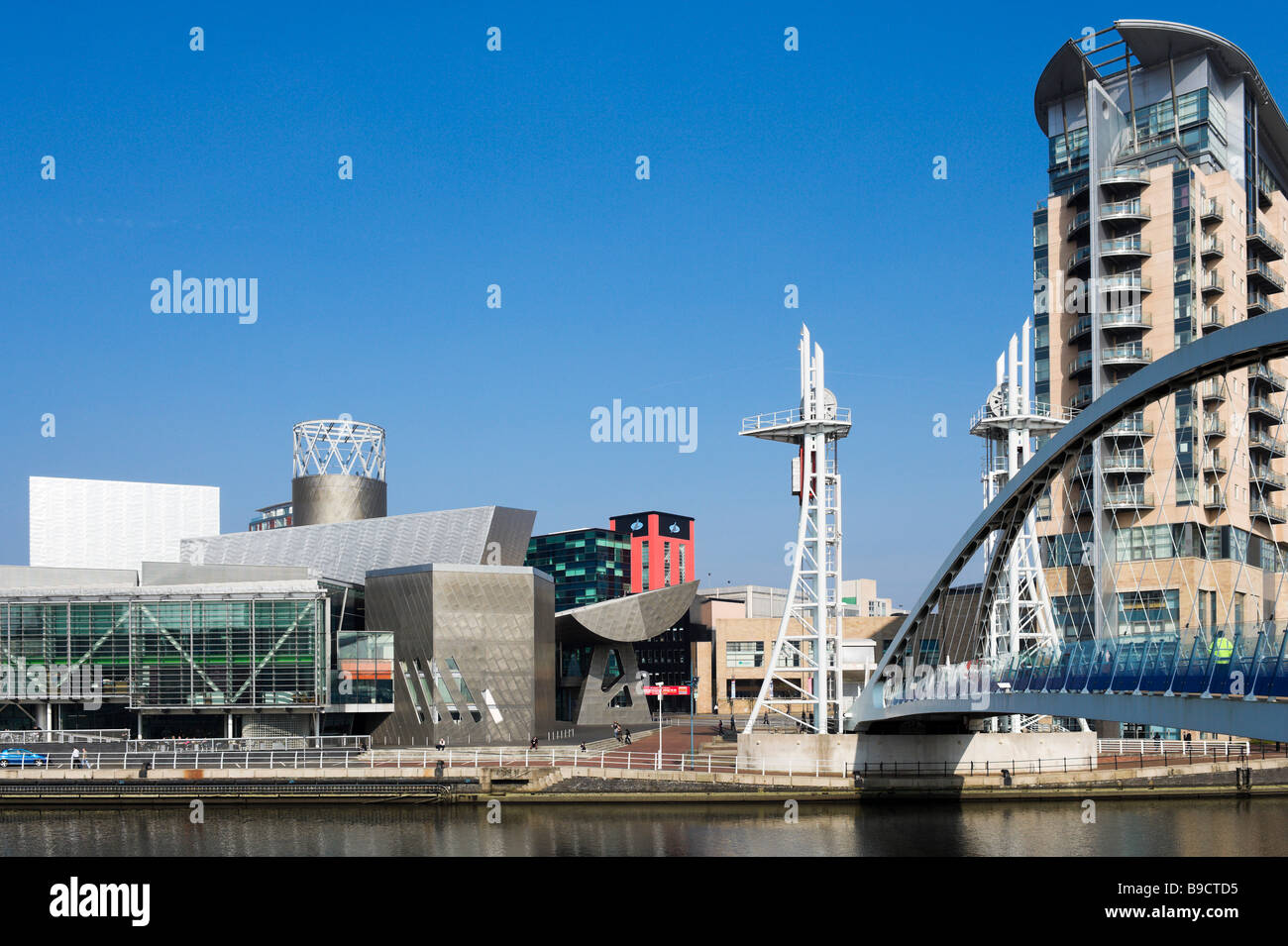 The Lowry Art Gallery and Millennium footbridge viewed from across the ...