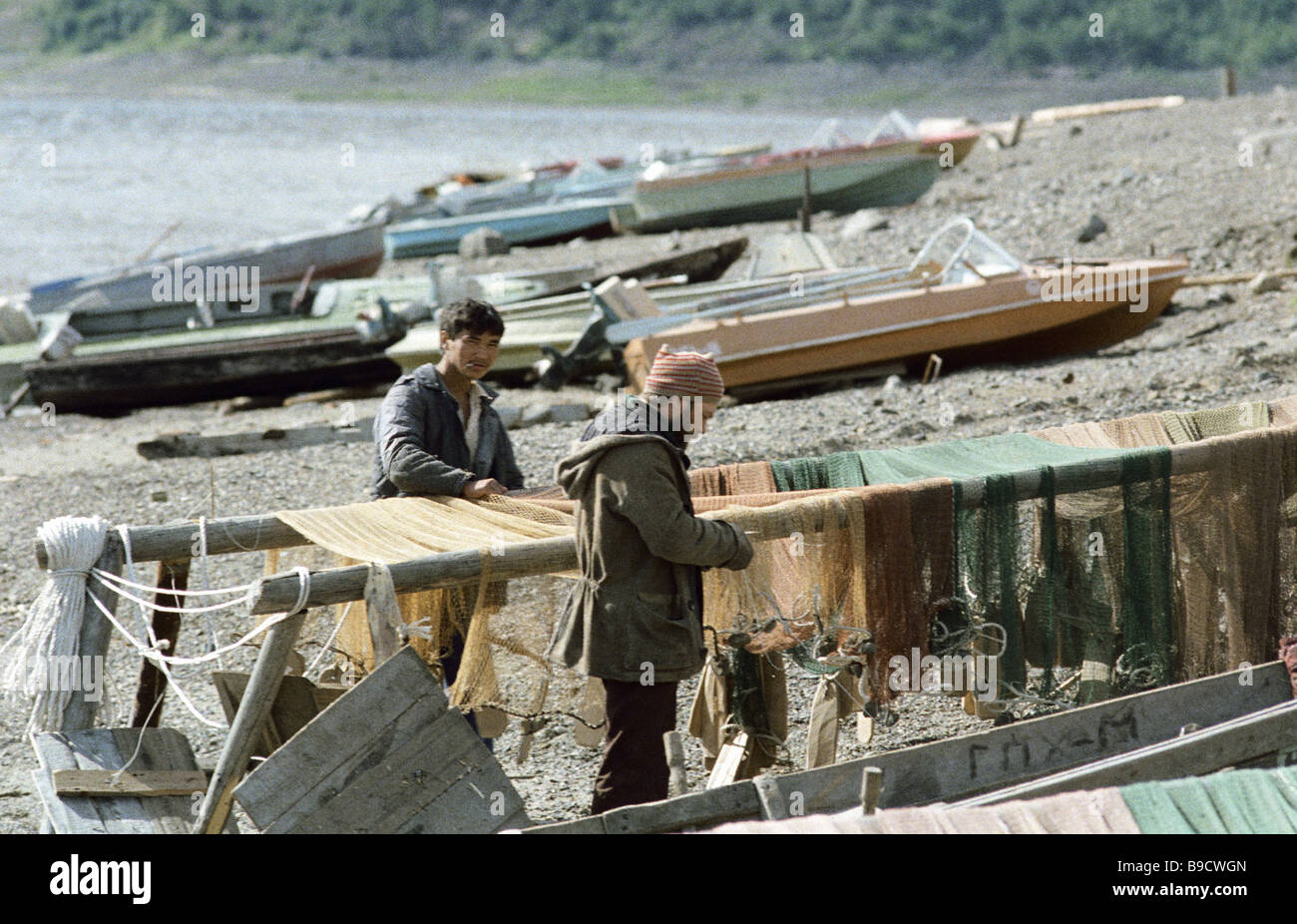 Fishermen of the Turukhansk fish factory preparing for fishing Stock ...