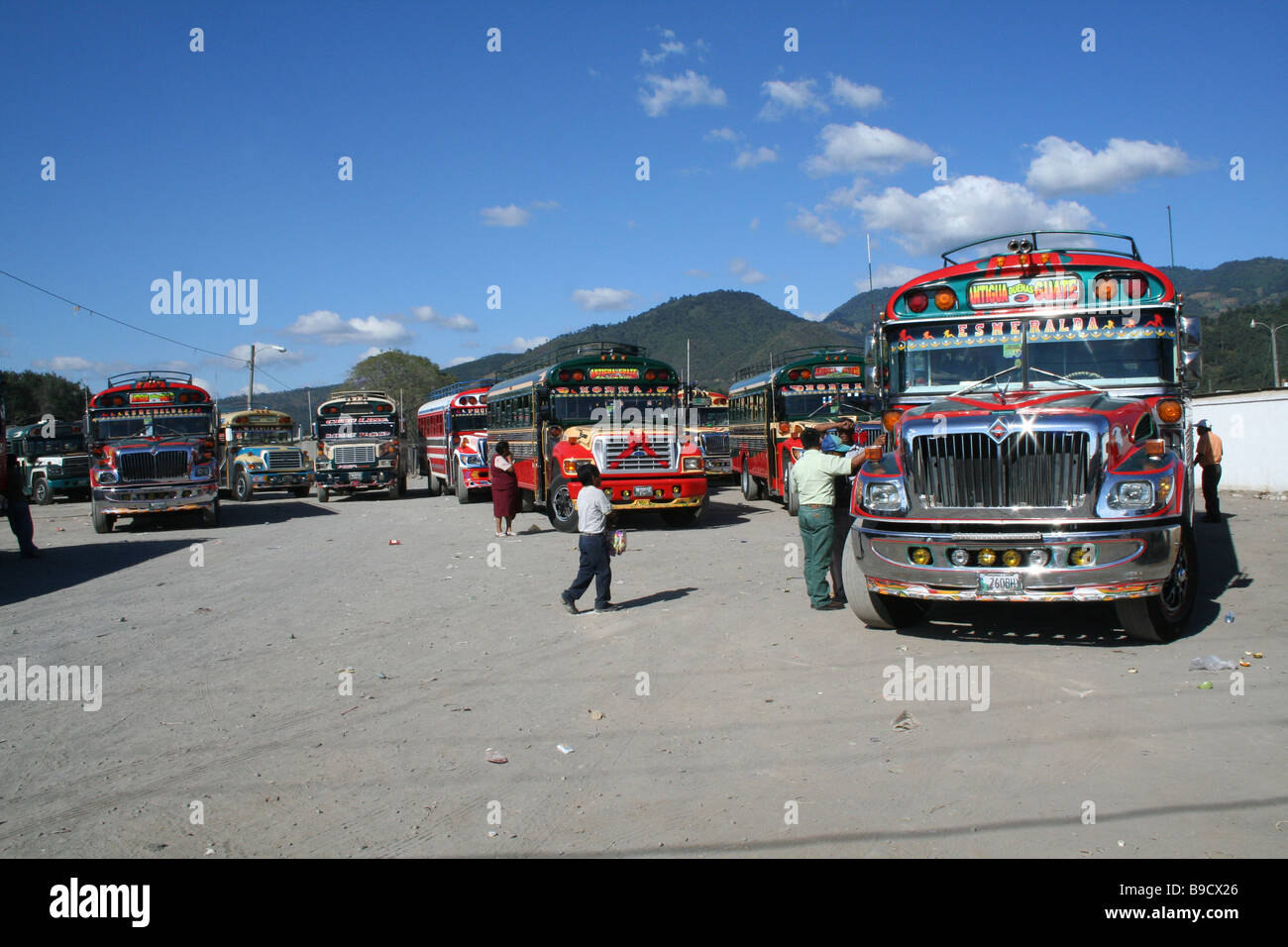 Chicken buses in a bus terminus in Antigua Guatemala Stock Photo - Alamy