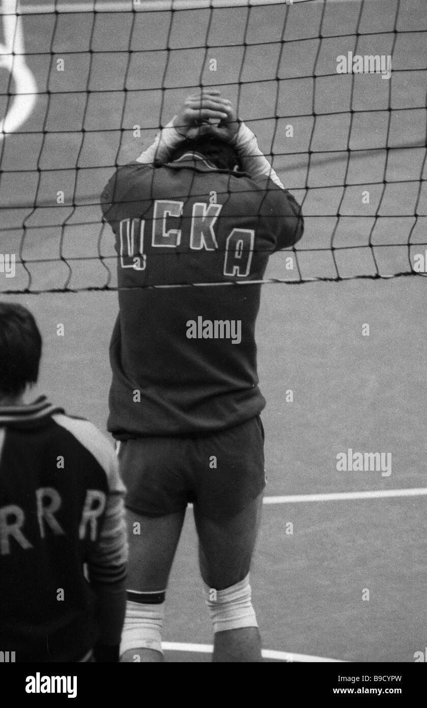 The CSKA volleyball team s attacker Alexander Savin at the net Stock ...