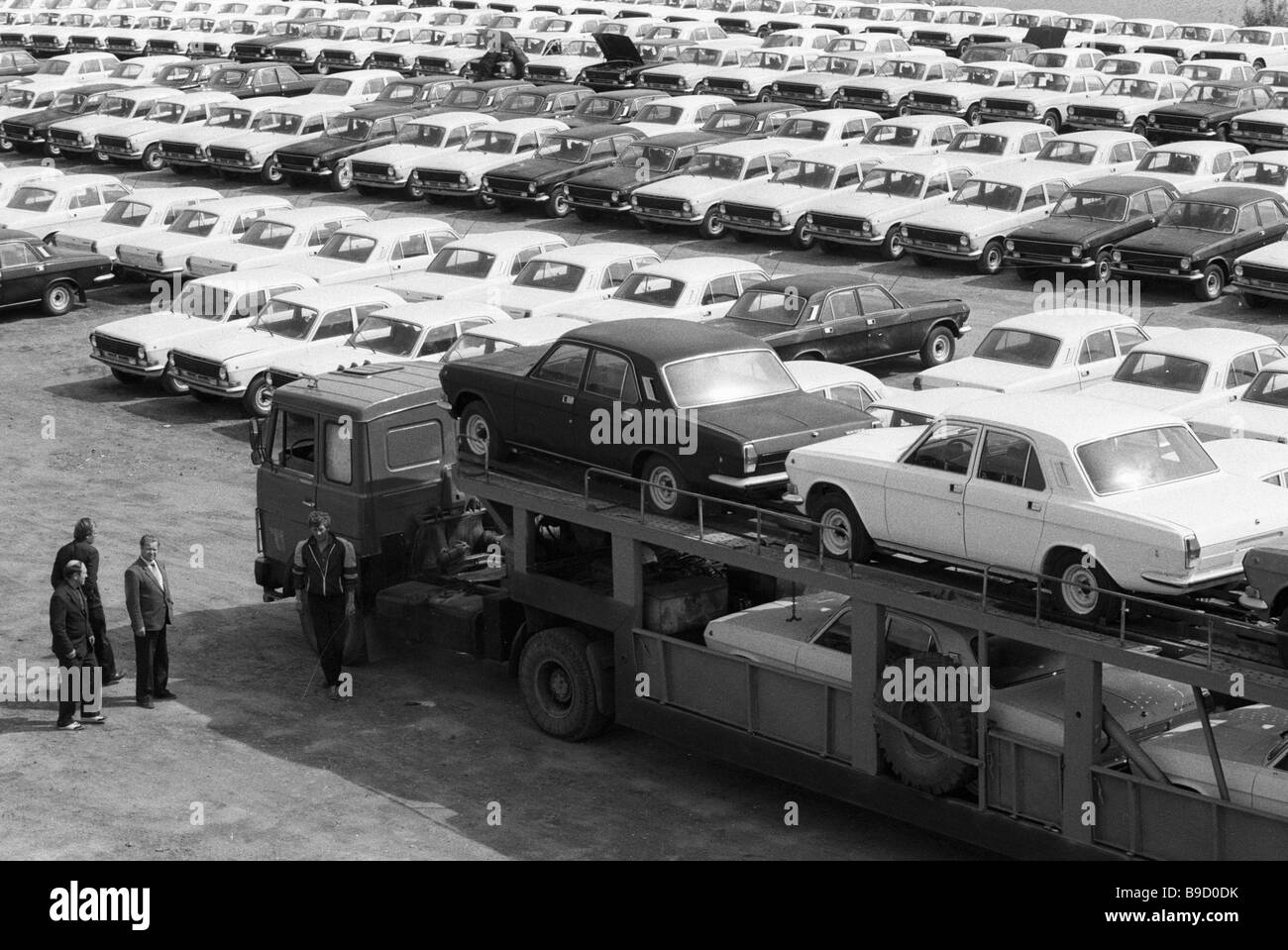 Volga cars in trailers on the loading bay of the Gorky GAZ Industrial ...