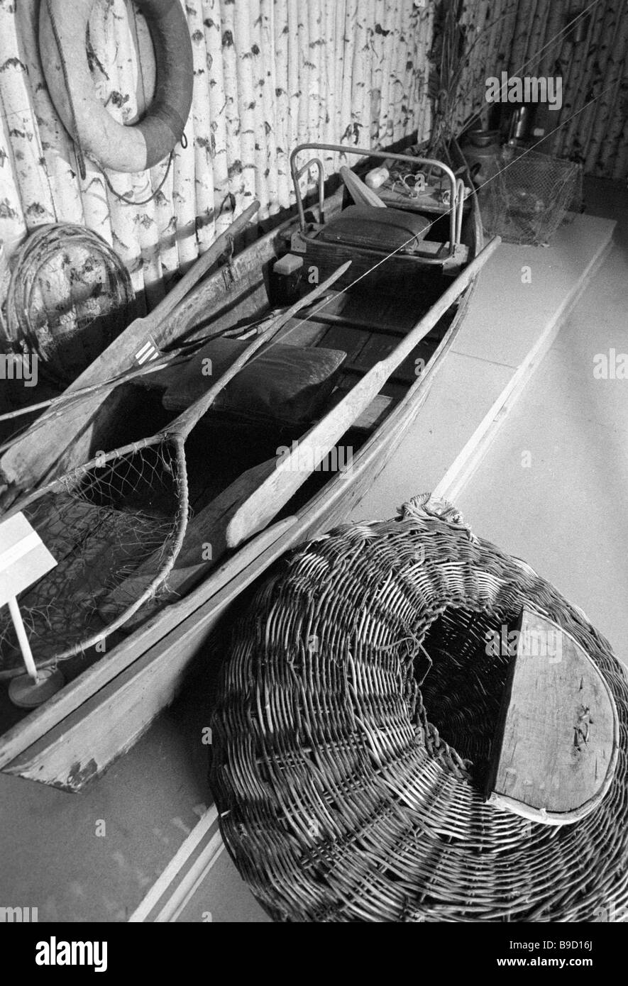 A boat and fishing tackle on display at the house museum of writer ...