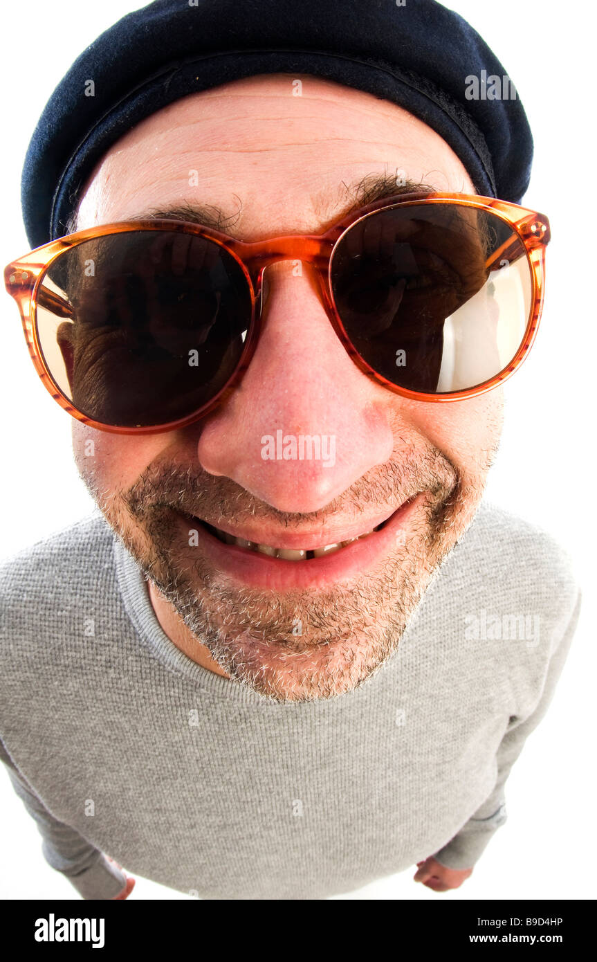 middle age senior man wearing artist french hippie beret hat macro ...