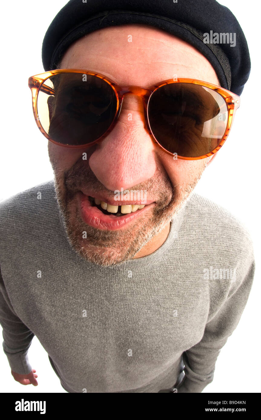 senior middle age man funny face twisted mouth wearing artist french ...