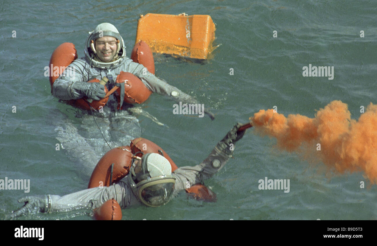 Soyuz 17 spacecraft crew commander Alexei Gubarev foreground and board ...