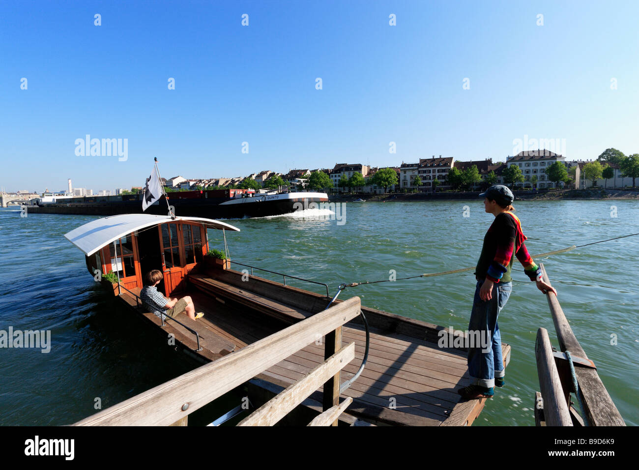 Münster Fähre munster ferry Leu anchoring at jetty ship on river Rhine ...