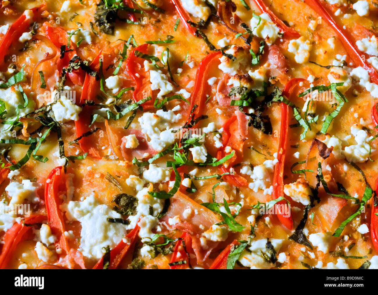 pizza texture with peppers bacon bazil and cheese Stock Photo - Alamy