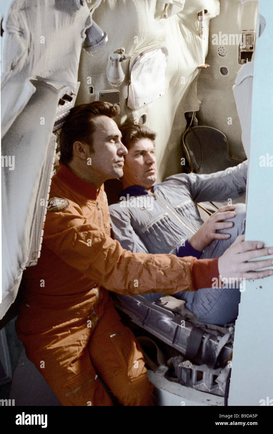 Cosmonauts Leonid Popov left and onboard engineer Valery Ryumin right ...