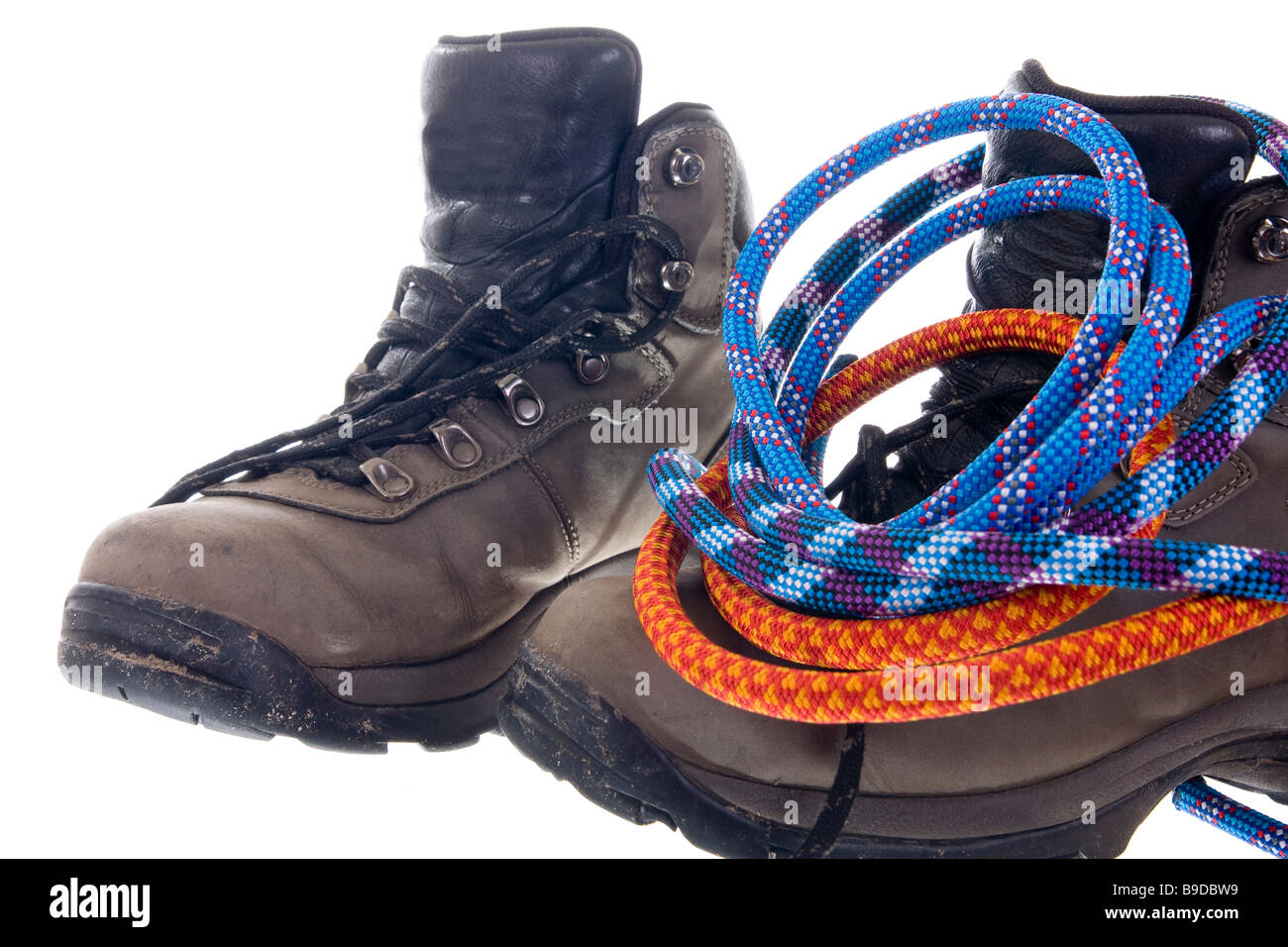 Hiking boots and climbing ropes Stock Photo - Alamy