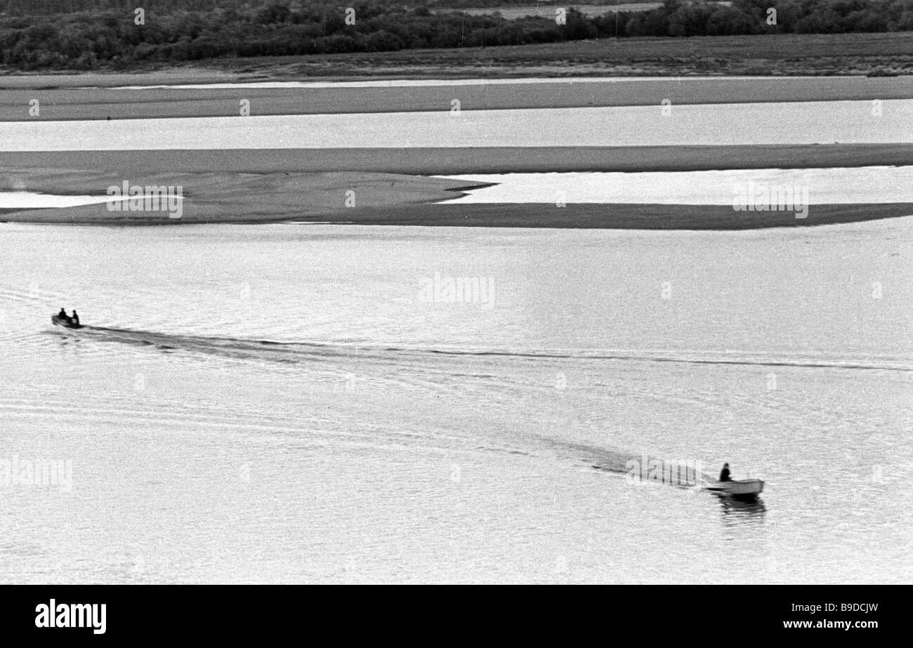 Motor boats on the Mezen River Stock Photo - Alamy