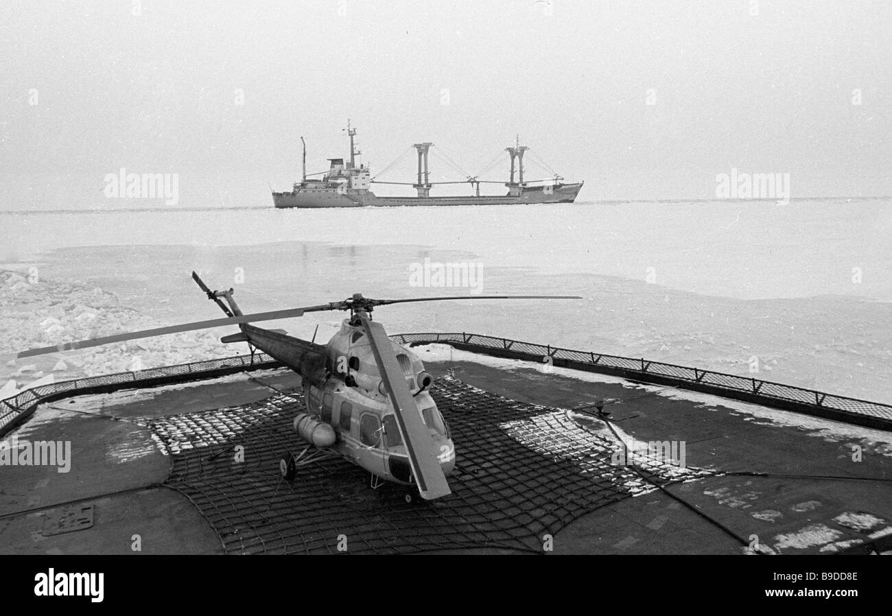 A helicopter on the helipad aboard the nuclear powered icebreaker ...